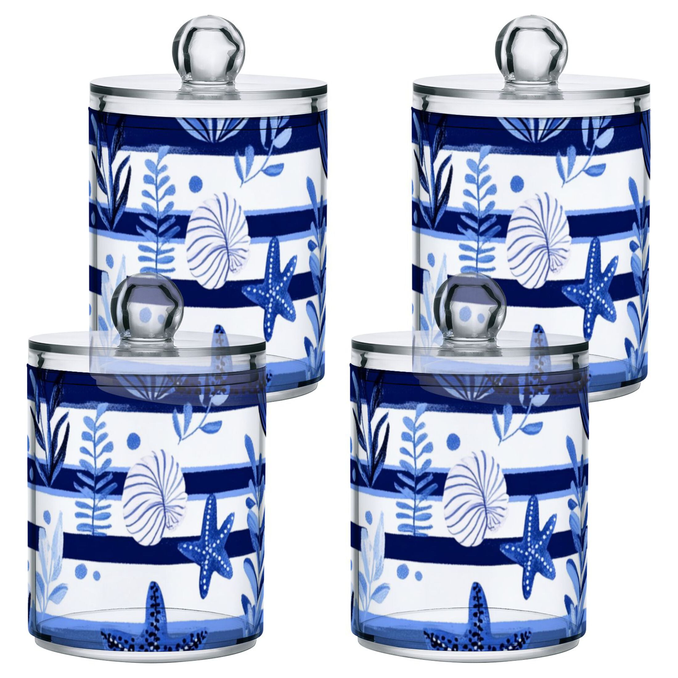 Nautical Blue Stripes Leaves Starfishes Shells Translucent Plastic Cans ...