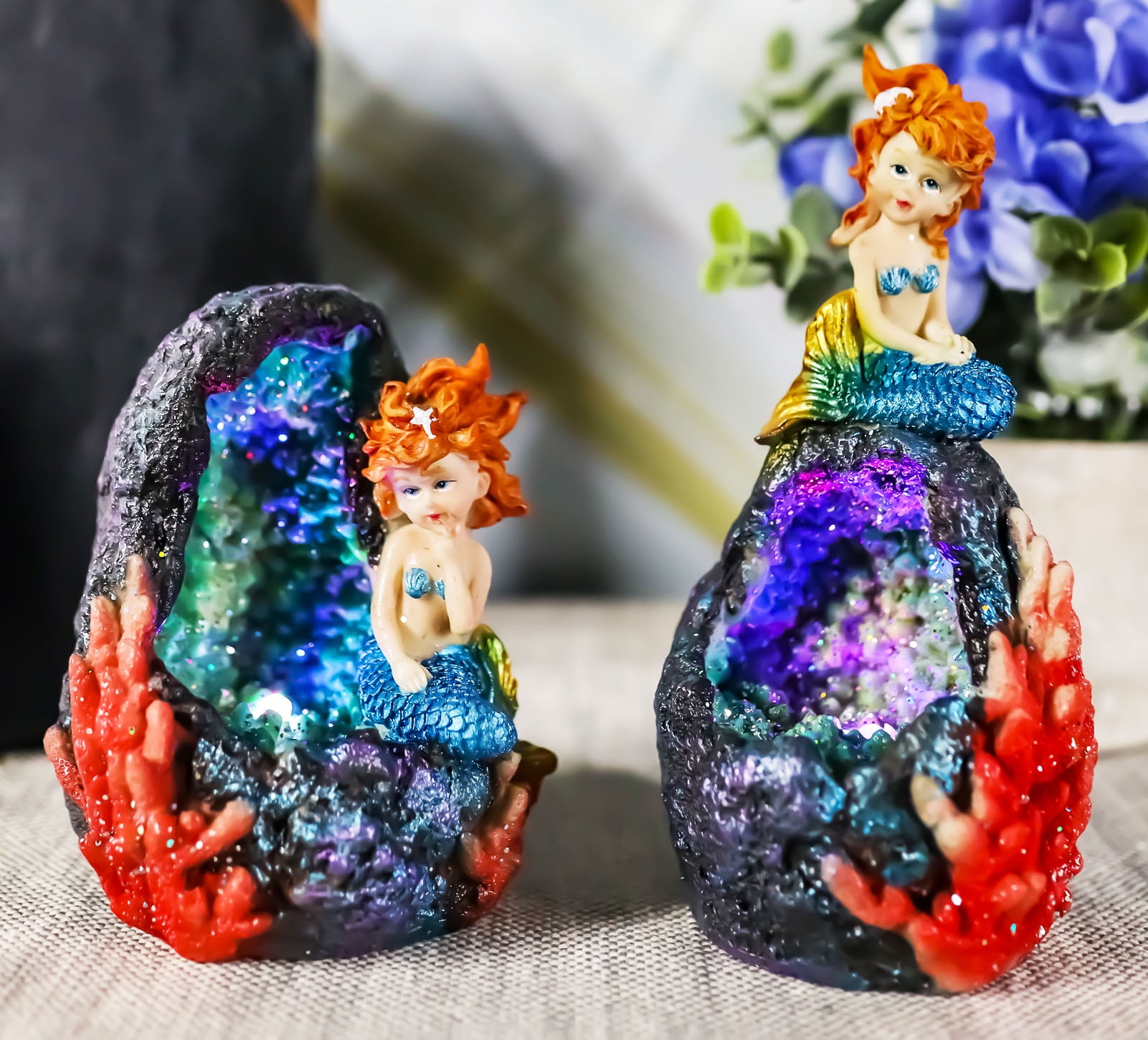 Nautical Blue Tail Mermaids With LED Light Geode Crystal Cave Figurines ...