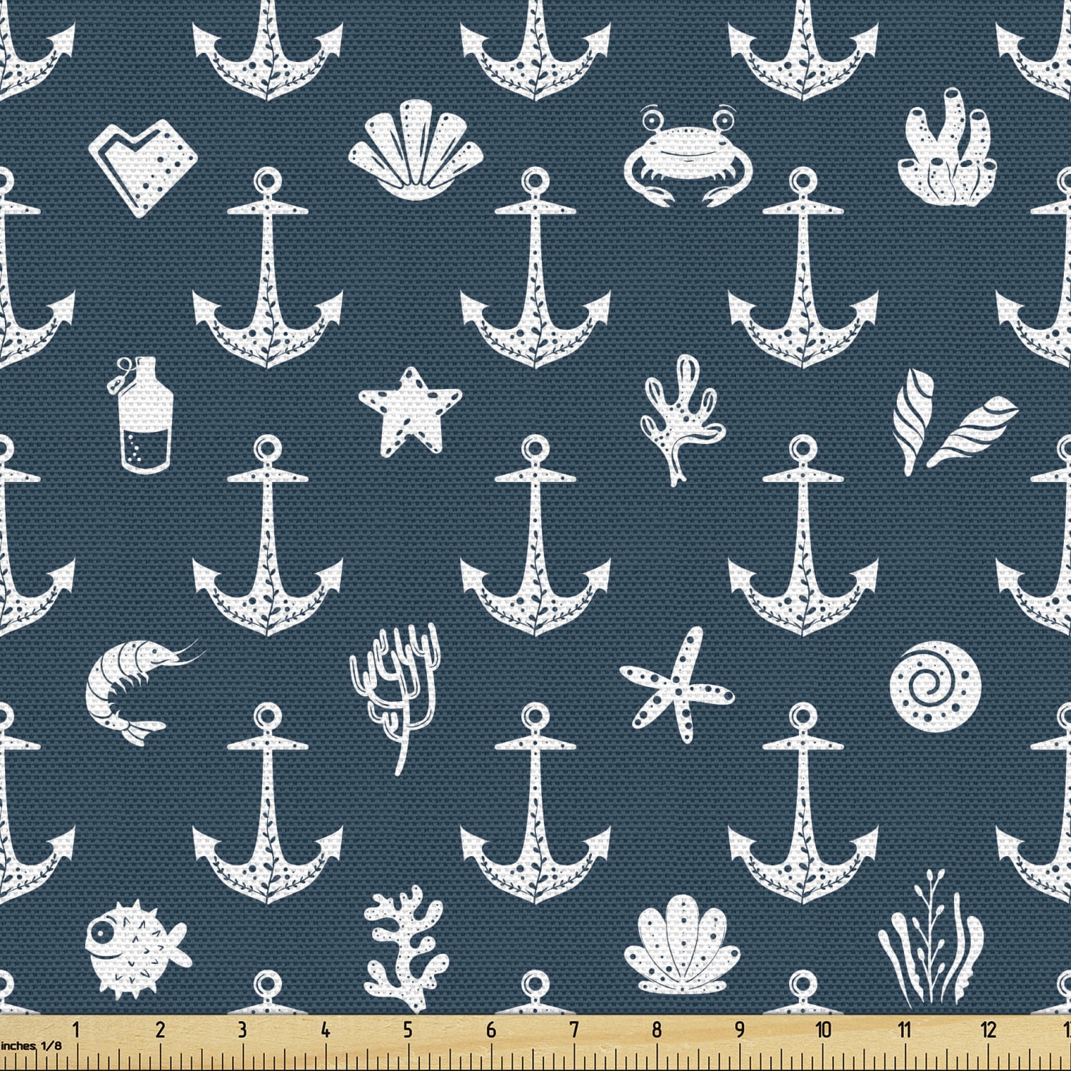Ambesonne Nautical Blue Fabric by the Yard Upholstery, Anchor Starfish ...