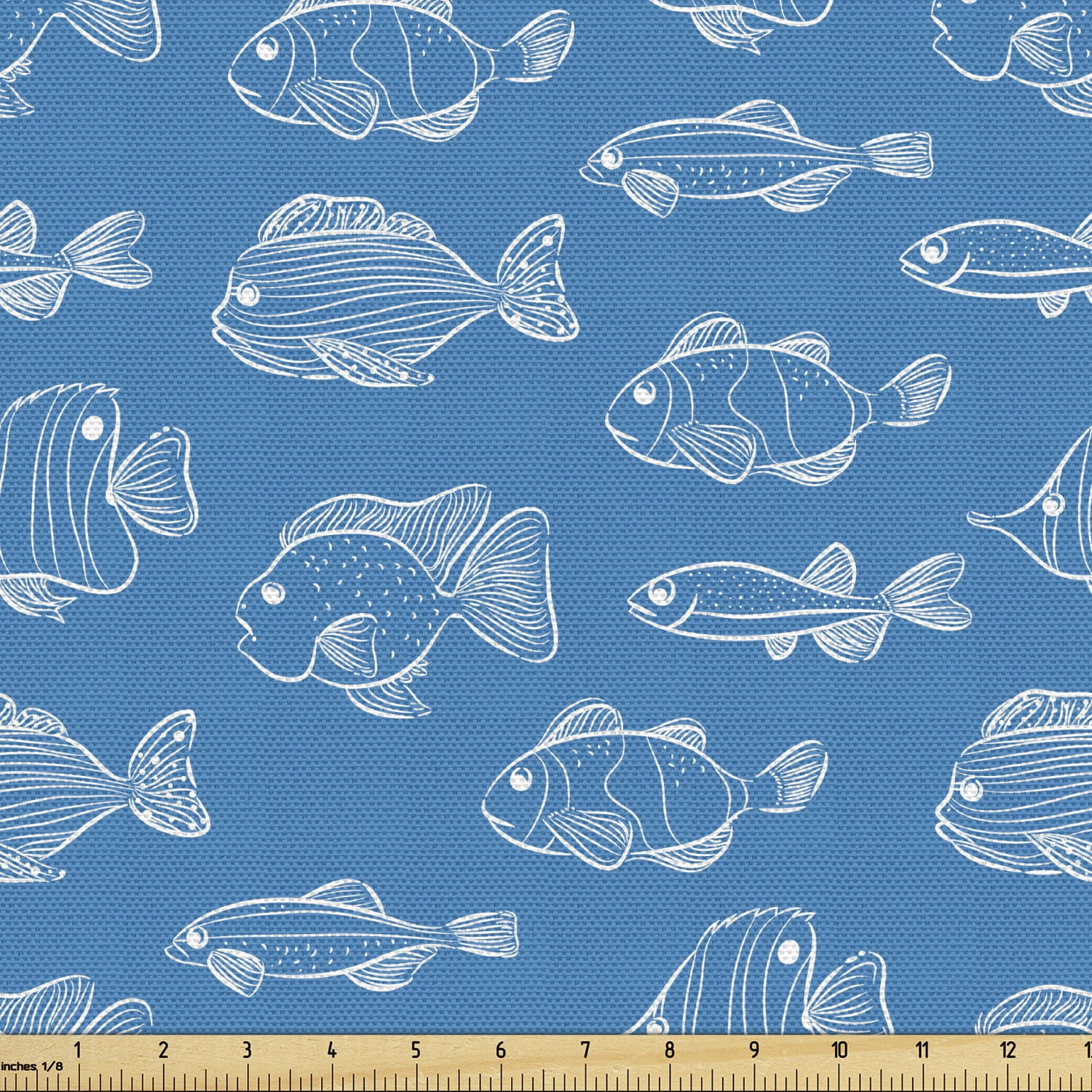 Ambesonne Nautical Blue Fabric by the Yard Upholstery, Outline Fish ...