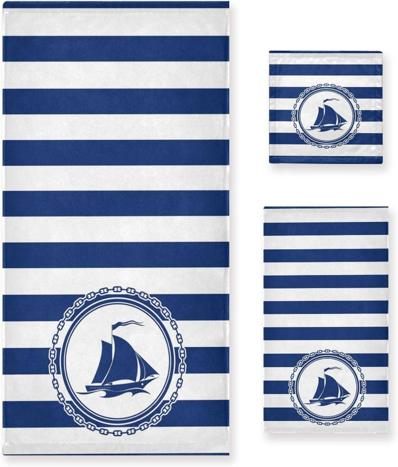 Nautical Blue White Striped Marine Boat Soft Luxury Decorative 3 Pieces Towels Set, 1 Bath ...