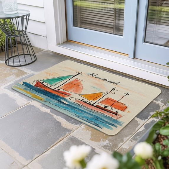 Nautical Boat Door Mat Indoor Outdoor, Coastal Sailing Ship Ocean ...