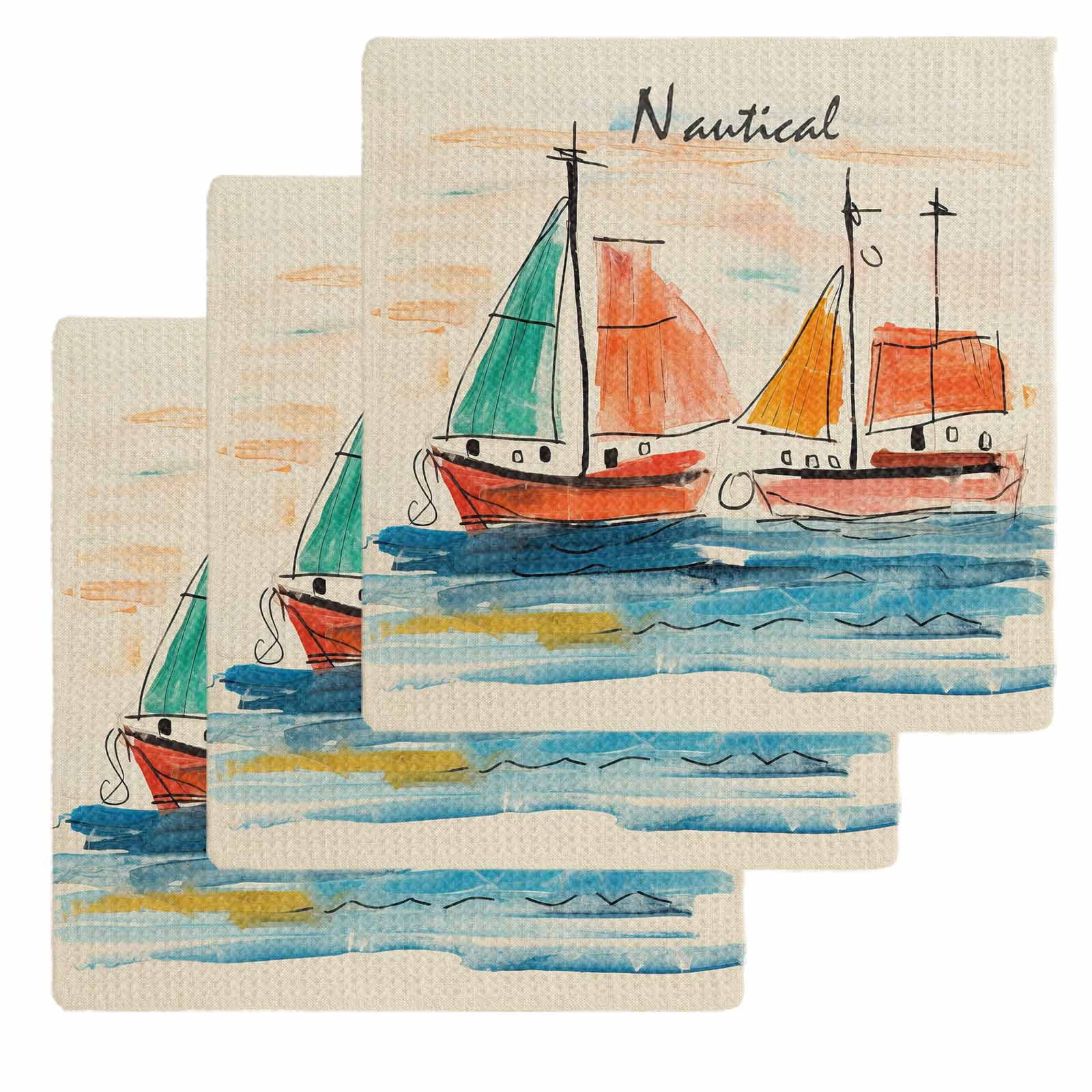 Nautical Boat, Kitchen Dish Towels for Drying Dishes Set of 3, Coastal ...