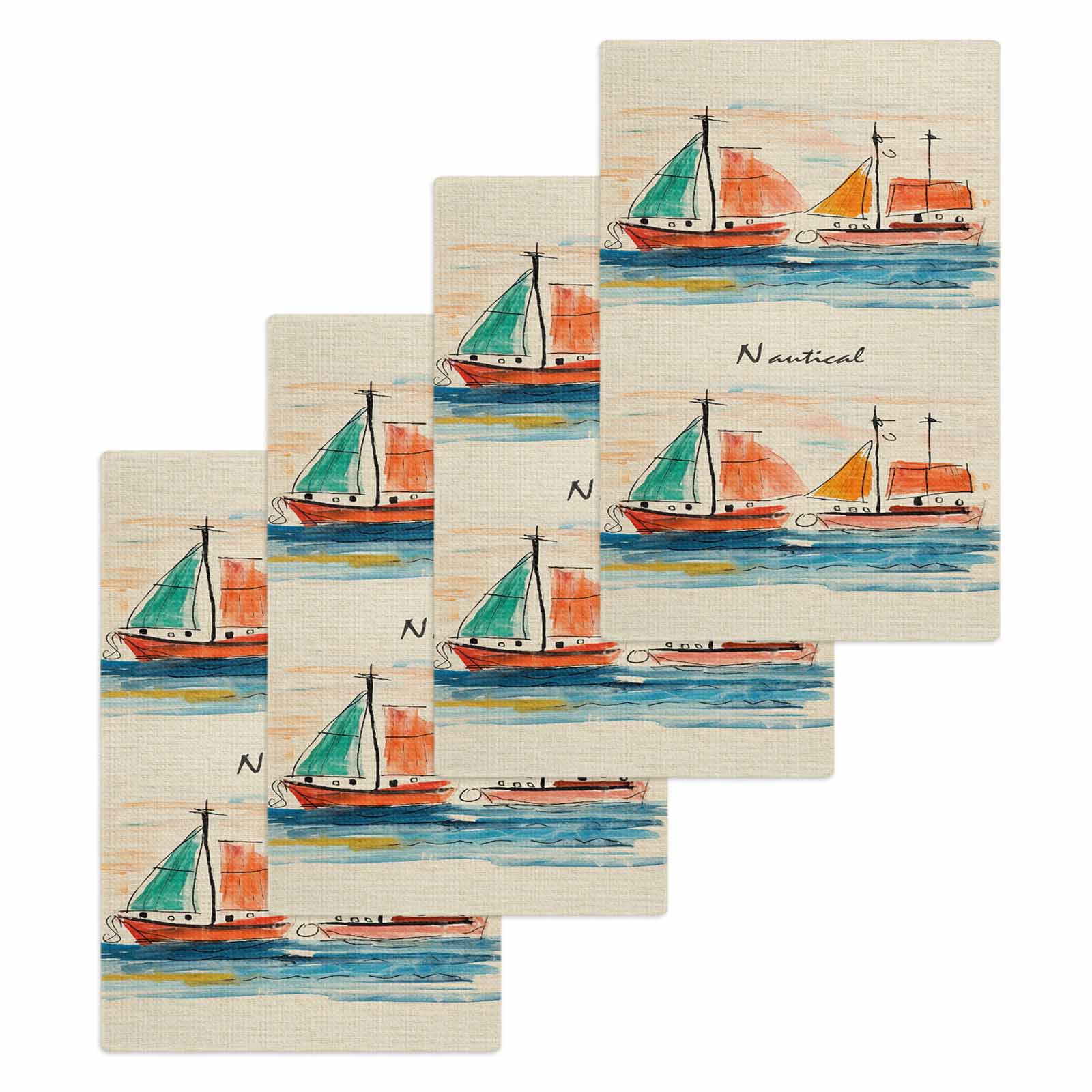 Nautical Boat, Kitchen Dish Towels for Drying Dishes Set of 4, Coastal ...