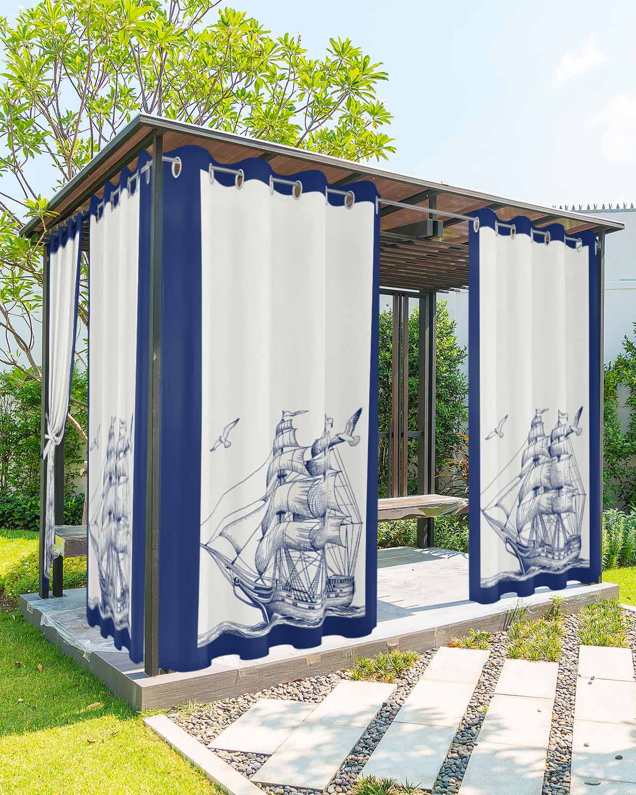 Nautical Boat Outdoor Curtains for Patio Waterproof,Navy Blue Seagull ...