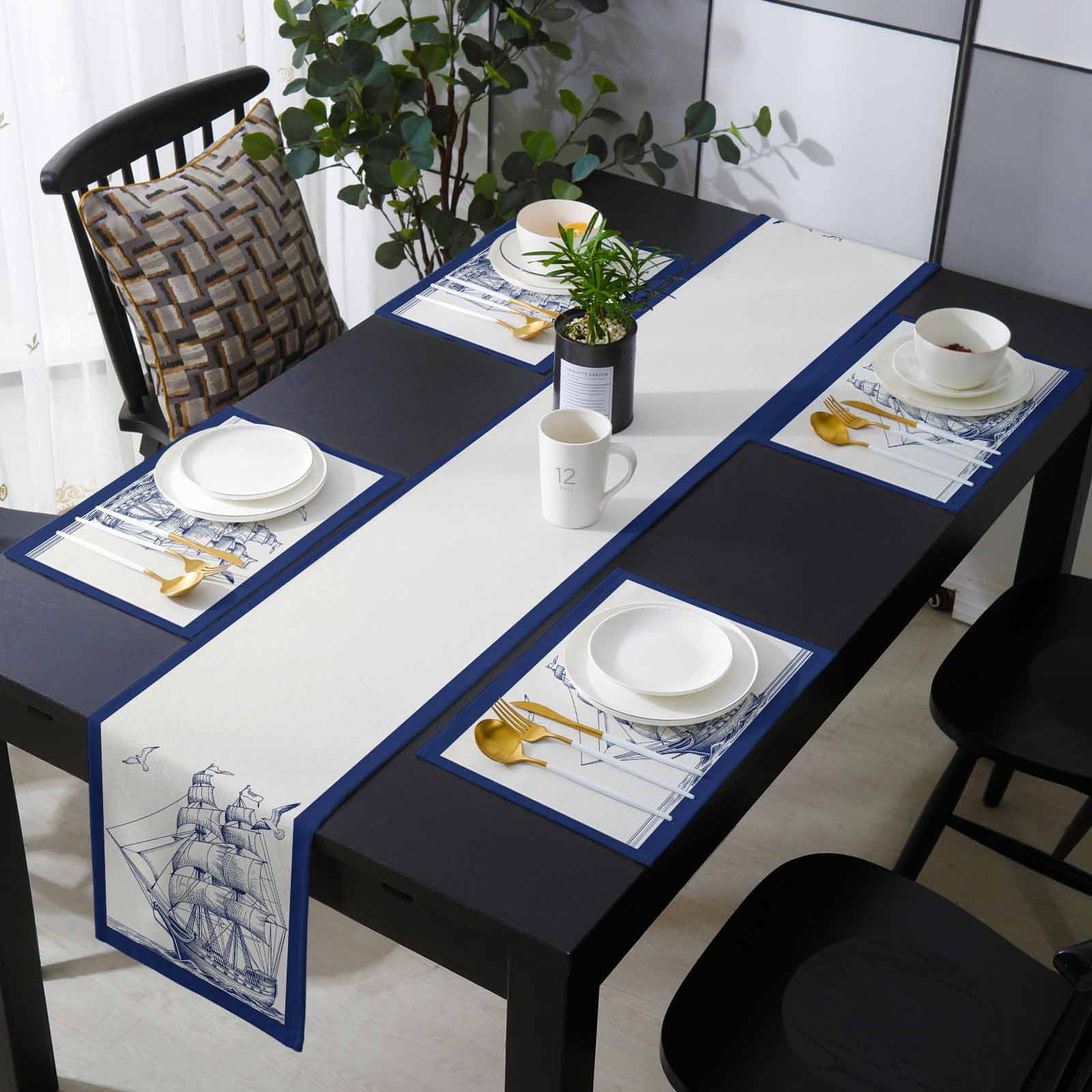 Nautical Boat Placemats Set of 6 with 72 Inches Long Table Runners,Navy ...
