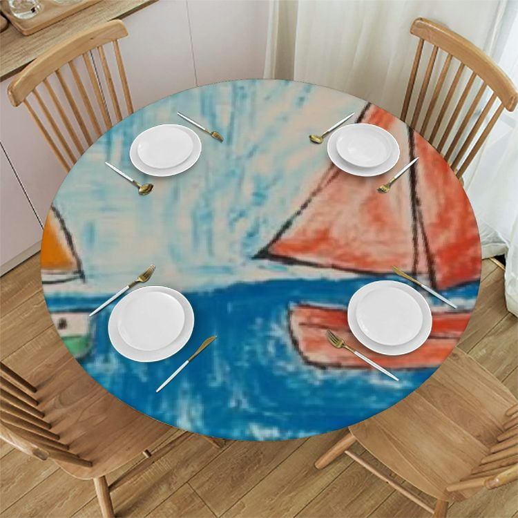 Nautical Boat Round Waterproof Table Cover Fitted Tablecloth, Wipeable ...
