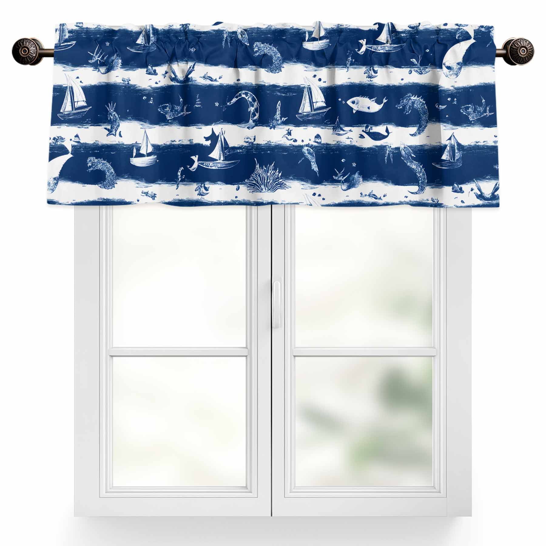 Nautical Boat Valances for Windows, 54 x 18in, Ocean Coastal Coral Navy ...