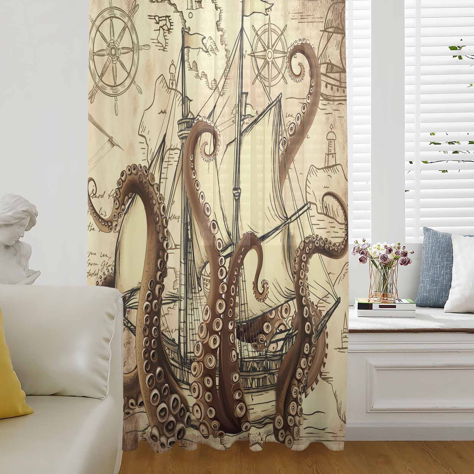 Nautical Boat Window Curtain 45 Inches Long,Retro Octopus Sailing ...