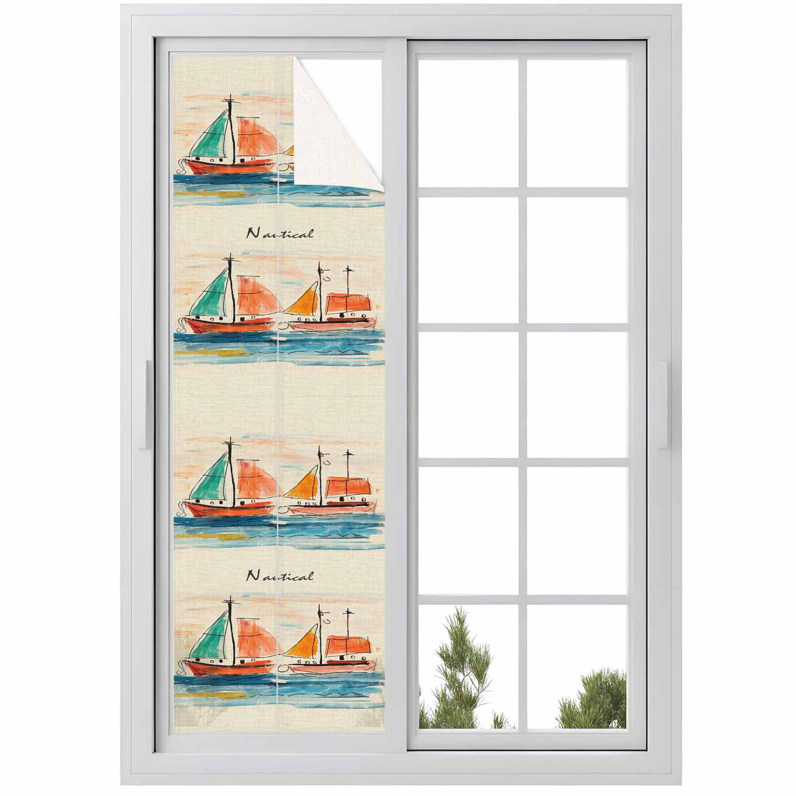 Nautical Boat, Window Privacy Film, Coastal Sailing Ship Ocean Painted Sea Static Cling UV Sun ...