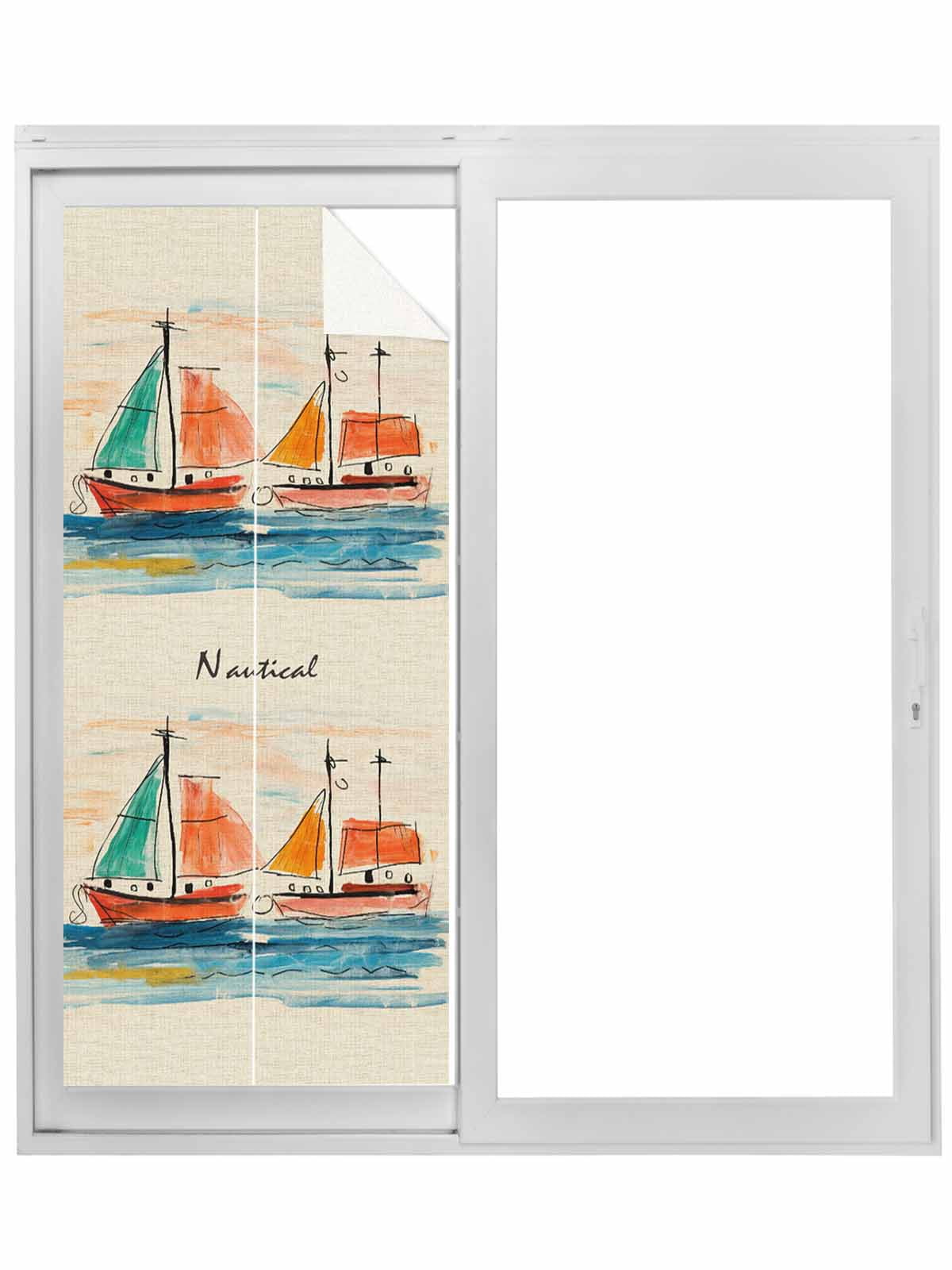 Nautical Boat, Window Privacy Film, Coastal Sailing Ship Ocean Painted ...