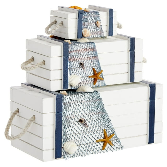 Nautical Box Set, Beach Theme Wooden Jewelry Boxes for Ocean Decor (3 ...
