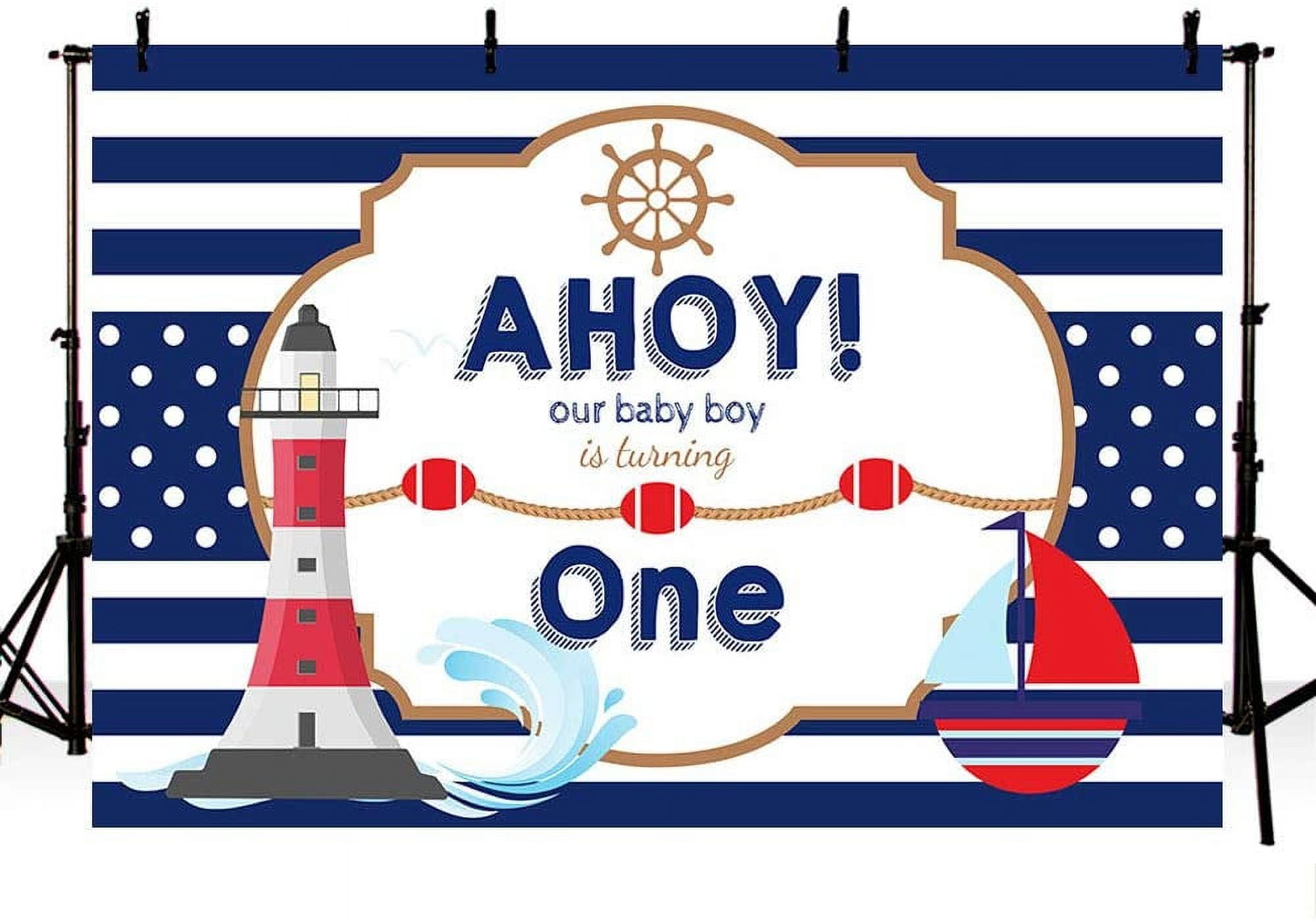 Nautical Boy 1st Birthday Backdrop Props Blue Stripes Boat Little Baby ...