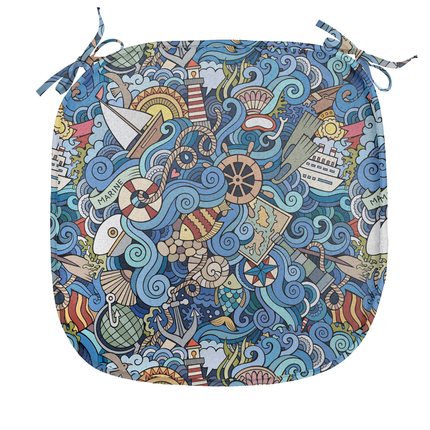 Nautical Chair Seating Cushion, Abstract Pattern Sea Shells Sea Horse ...