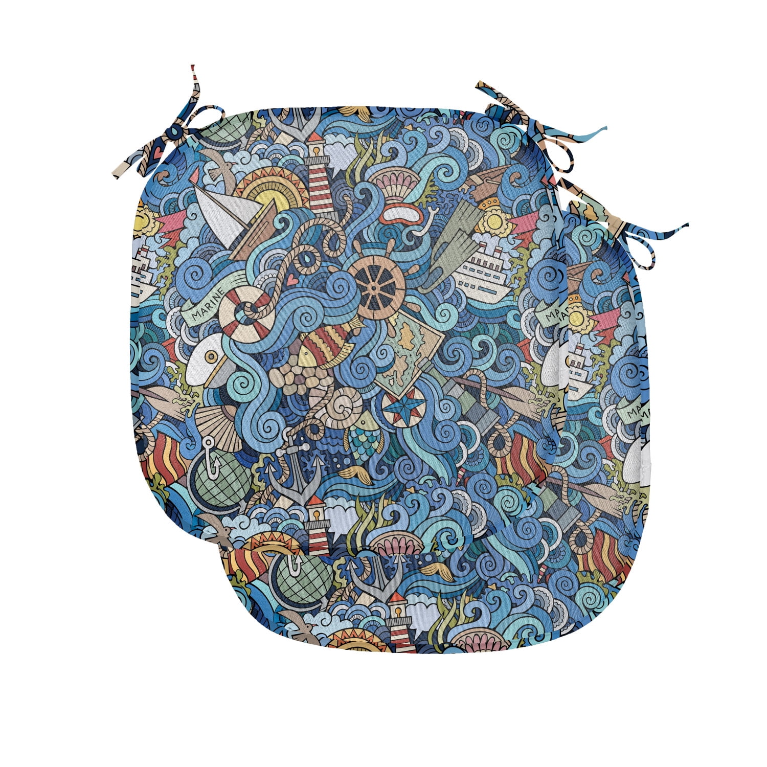 Nautical Chair Seating Cushion Set of 2, Abstract Pattern Sea Shells ...