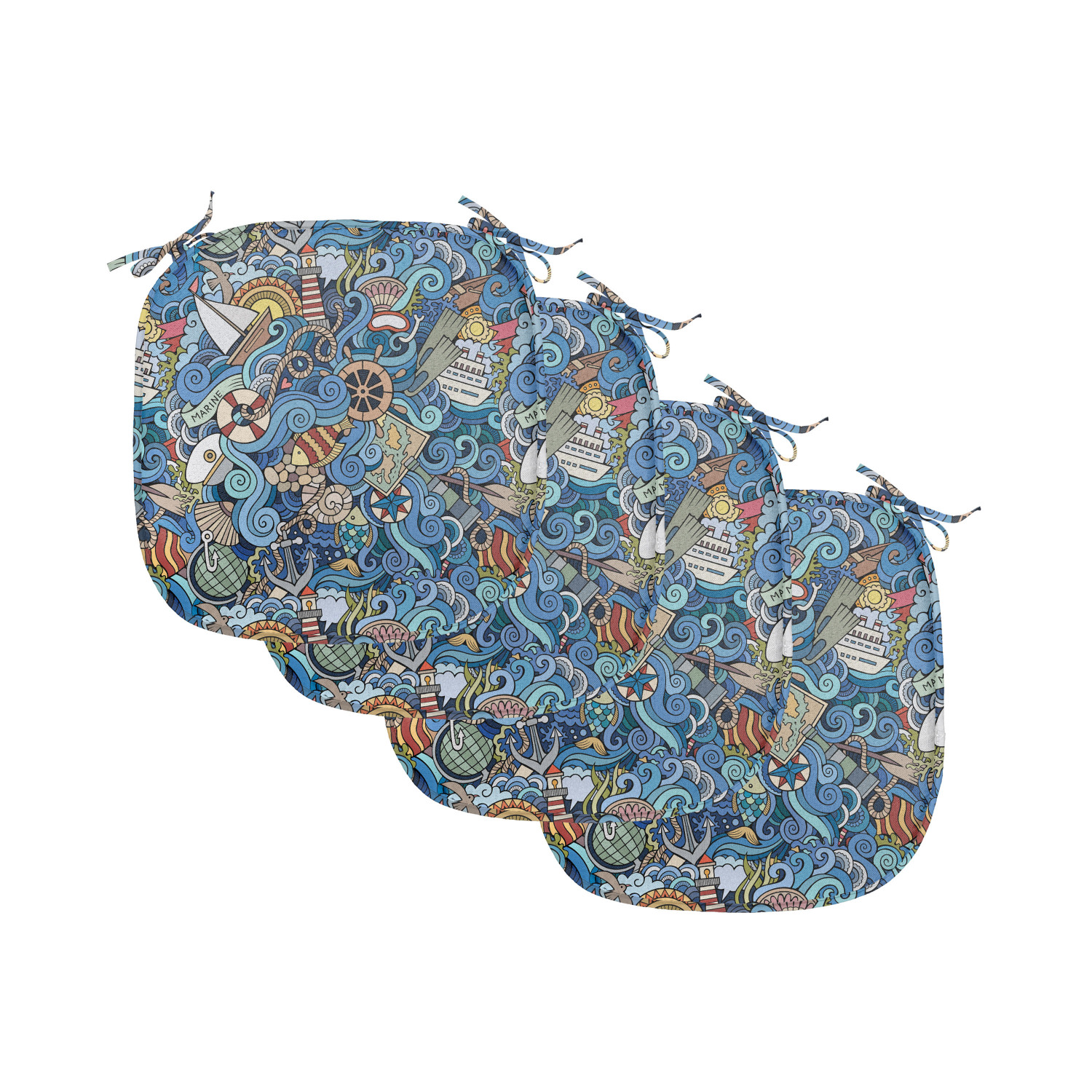 Nautical Chair Seating Cushion Set of 4, Abstract Pattern Sea Shells ...