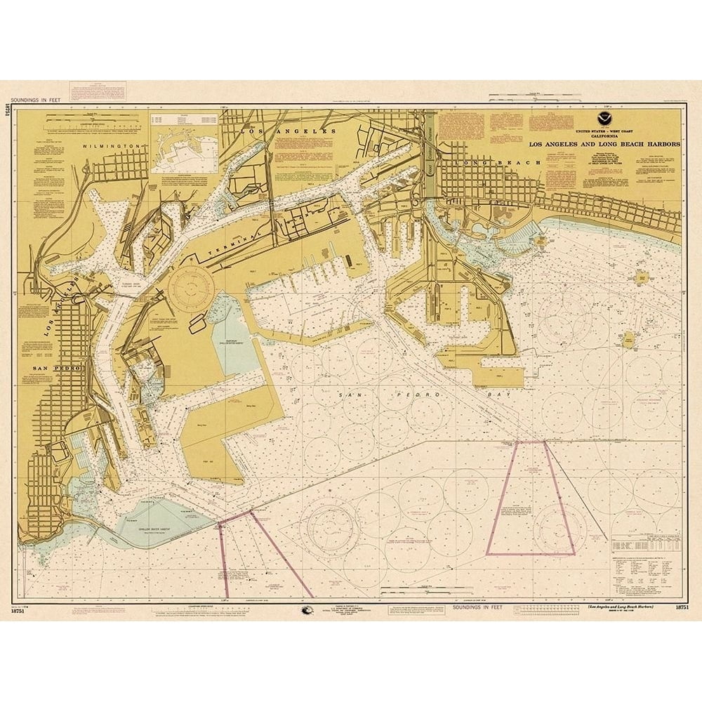 Nautical Chart Los Angeles and Long Beach Harbors ca 1998 Sepia Tinted ...
