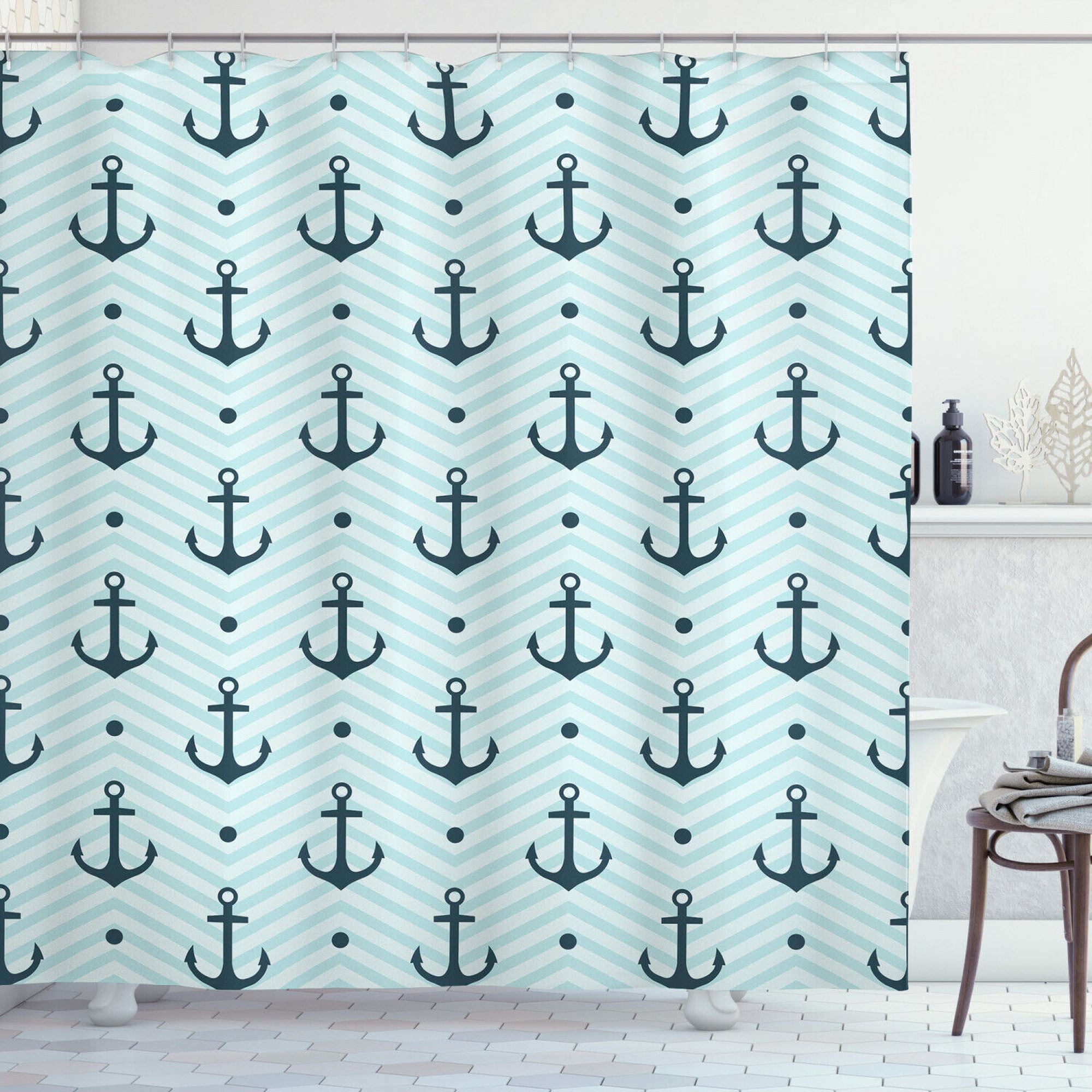 Nautical Chevron Pattern Shower Curtain With Anchors Coastal Bathroom