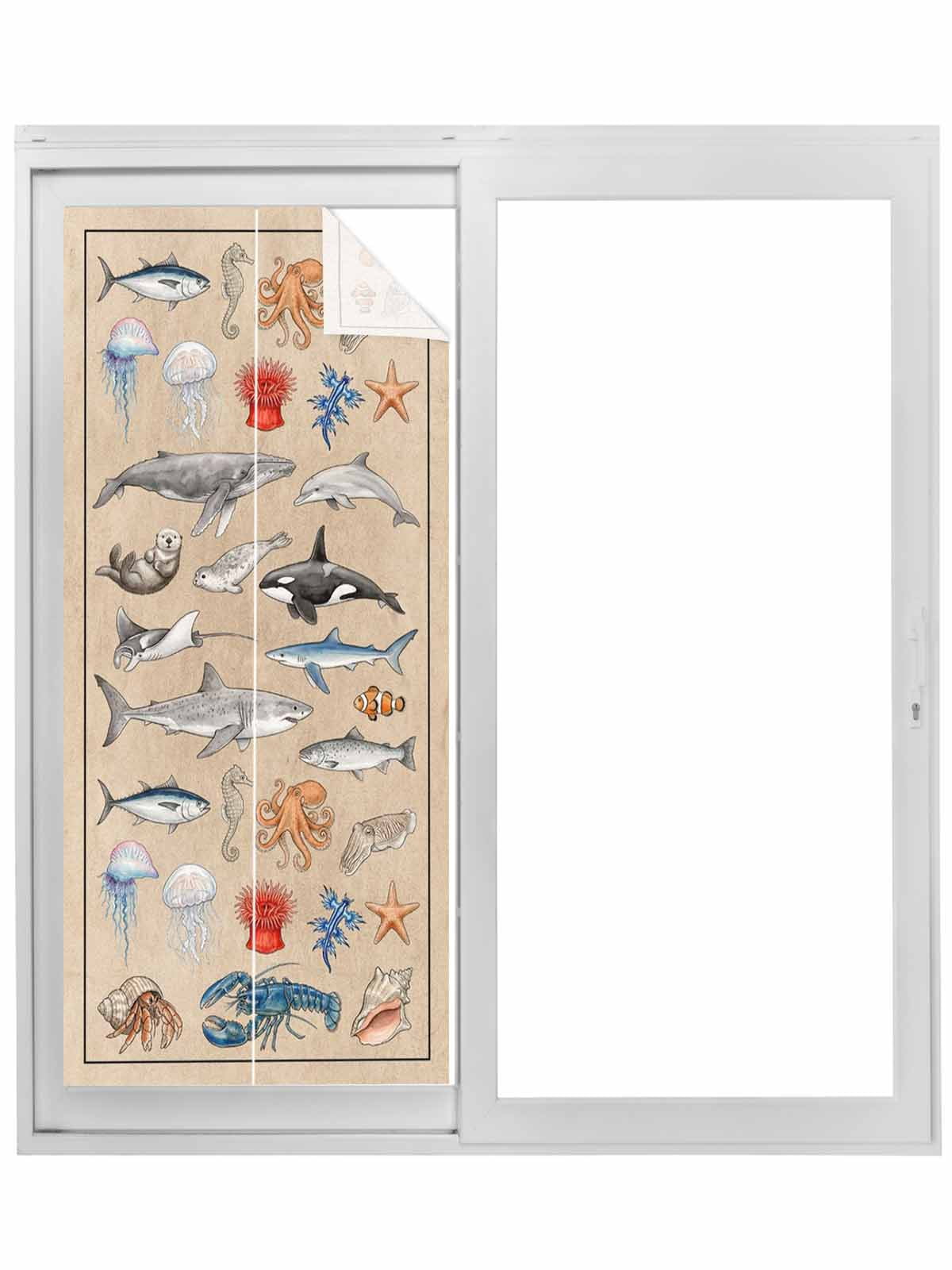 Nautical Coastal Animals Window Privacy Film, Vintage Ocean Marine Life ...