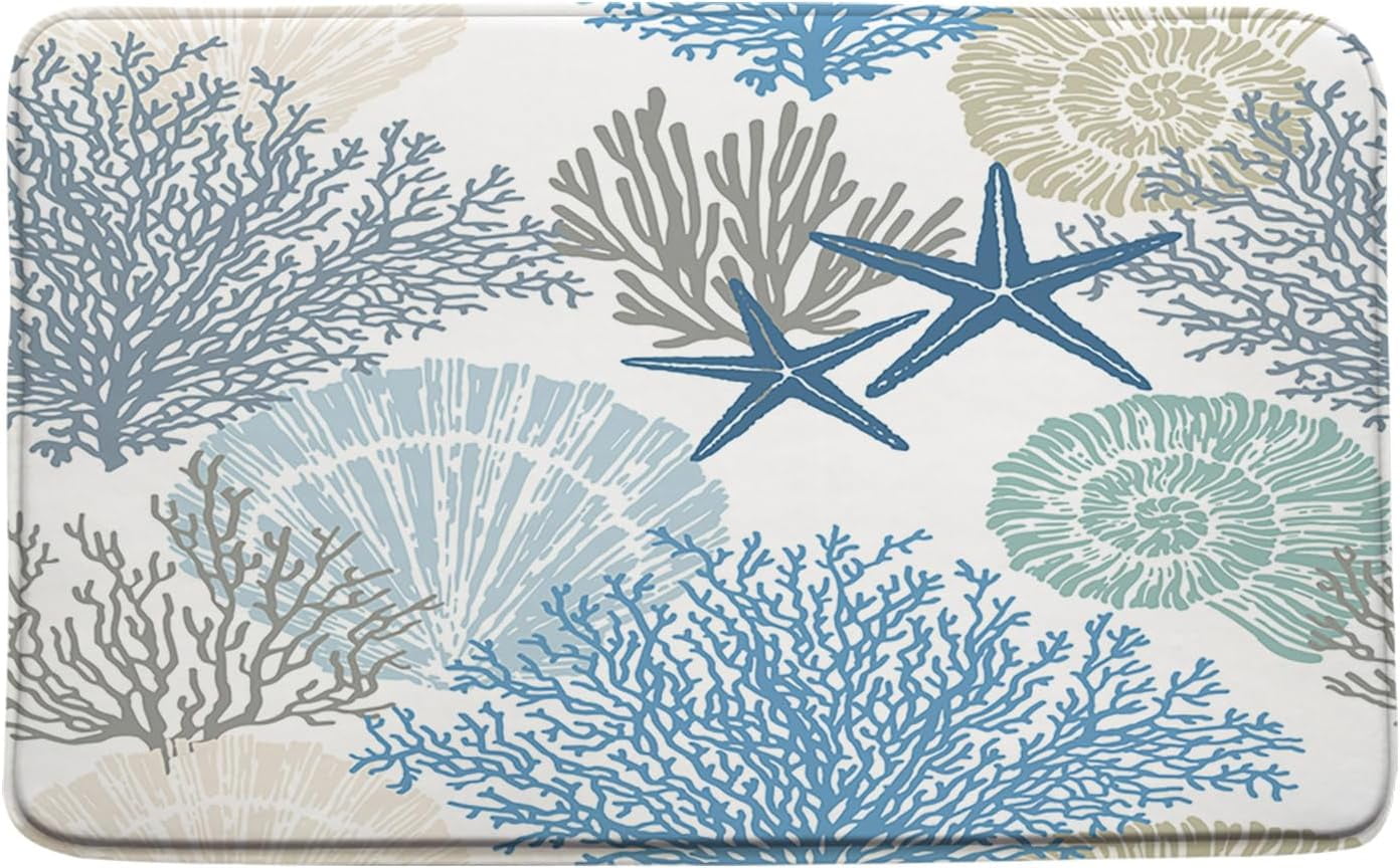 Nautical Coastal Bath Mat Cute Starfish Seashell Coral Reef Vintage ...