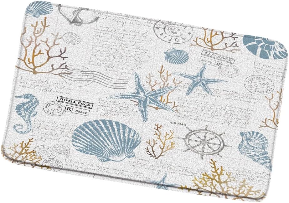 Nautical Coastal Bath Mat Marine Life Seahorse Starfish Seashell Coral ...