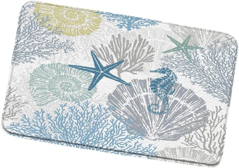 Nautical Coastal Bath Mat Marine Life Seahorse Starfish Seashell Coral ...