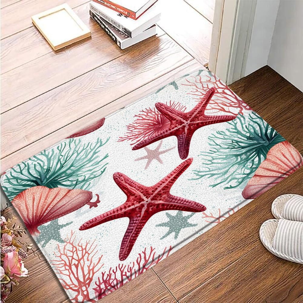 Nautical Coastal Bath Mat Ocean Beach Starfish Seashell Coral Tropical ...