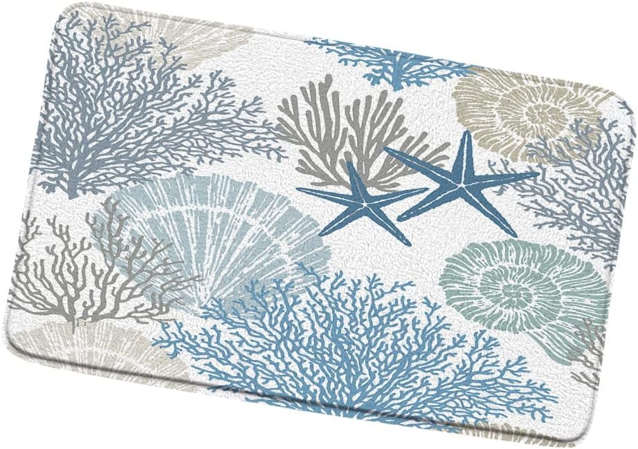Nautical Coastal Bath Mat Starfish Seashell Coral Reef Bathroom Rugs ...
