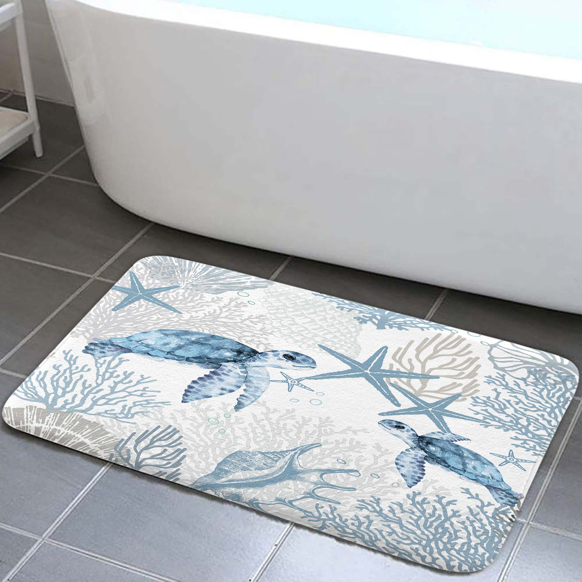 Nautical Coastal Bath Mat, Vintage Blue Tropical Sea Turtle Seashell ...