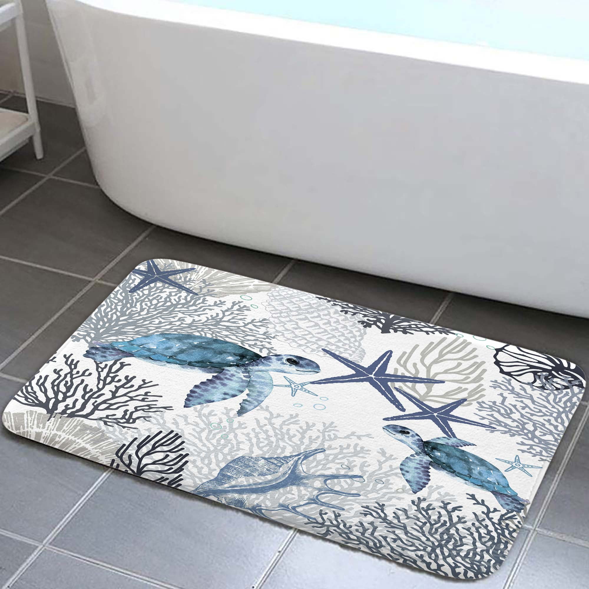 Nautical Coastal Bath Mat, Vintage Tropical Sea Turtle Seashell ...