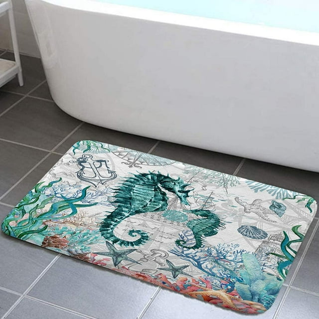 Nautical Coastal Bath Mat for Bathroom, Fish Ocean Animal Seashell ...