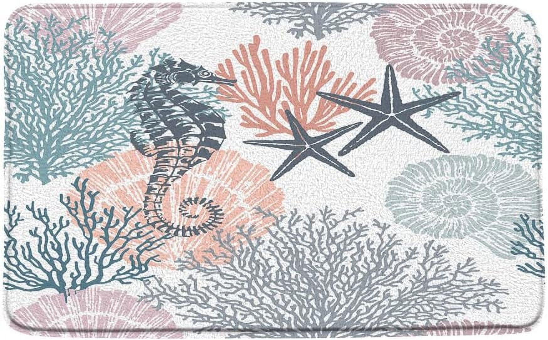 Nautical Coastal Bath Rug Seahorse Coral Seashell Starfish Ocean Beach ...