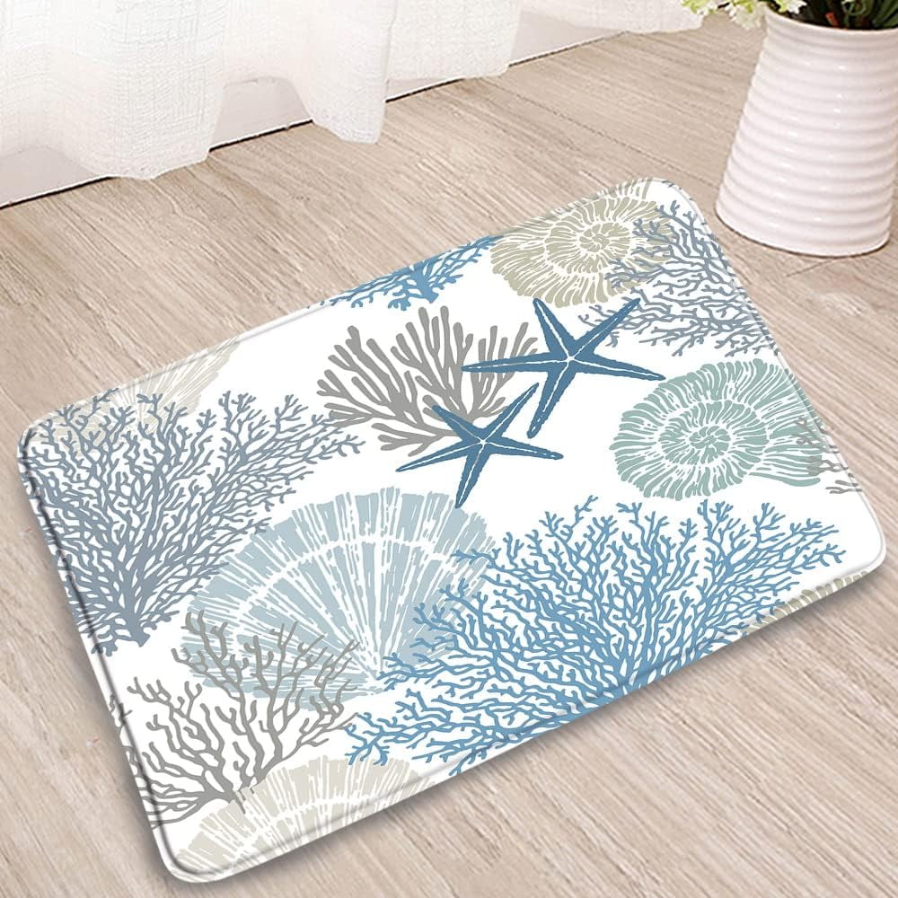 Nautical Coastal Bath Rug Starfish Seashell Coral Beach Ocean Themed ...