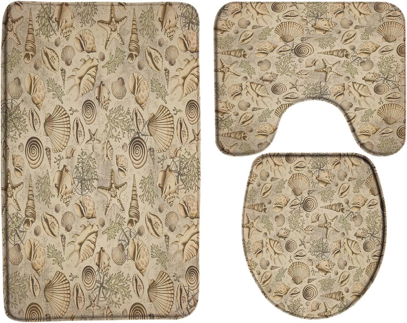 Nautical Coastal Bathroom Rug Set 3 Piece, Vintage Starfish Seashell ...