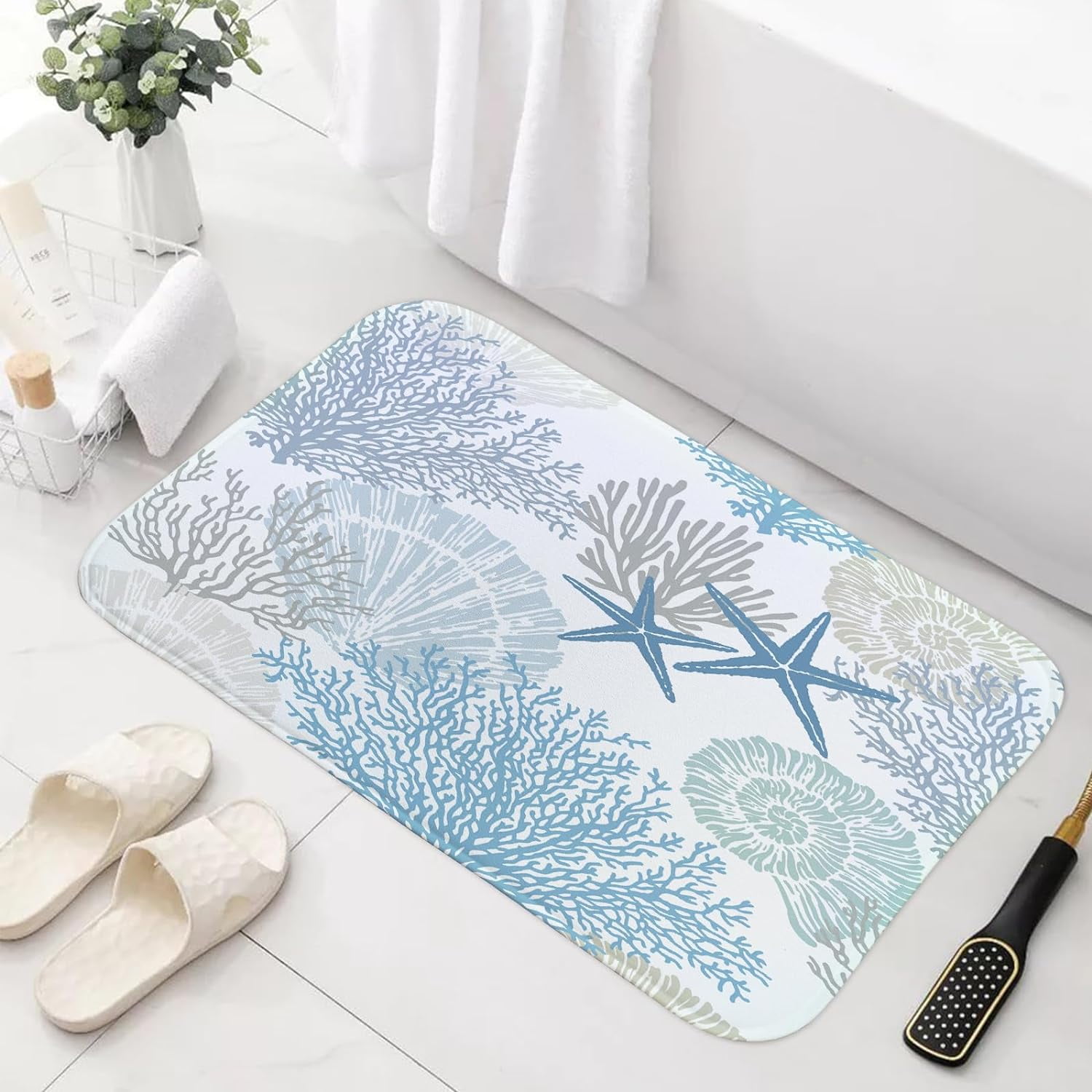 Nautical Coastal Beach Bath Mat Rug for Bathroom, Blue Tropical Ocean ...