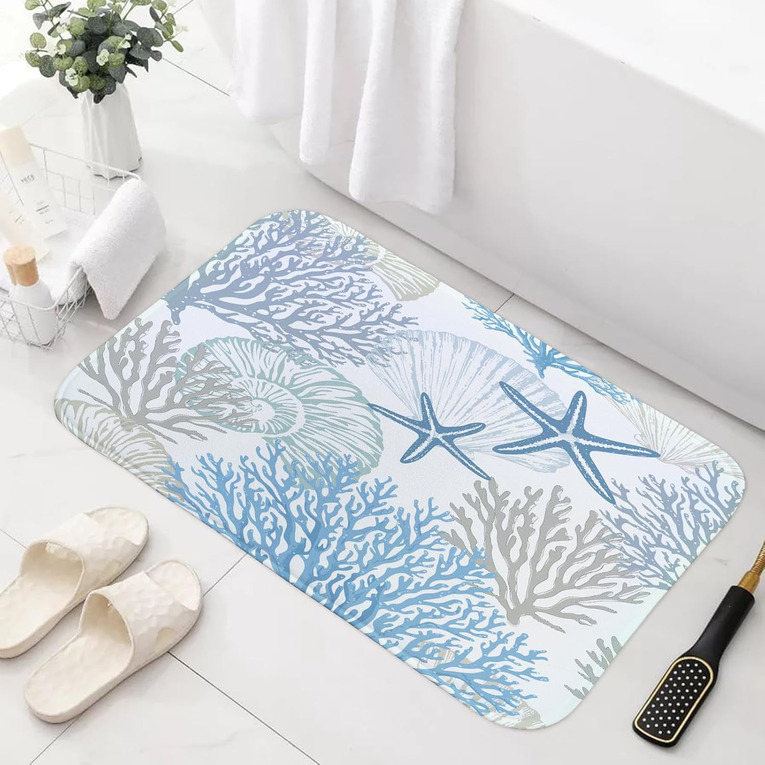 Nautical Coastal Beach Bath Mat Rug for Bathroom, Blue Tropical Ocean ...