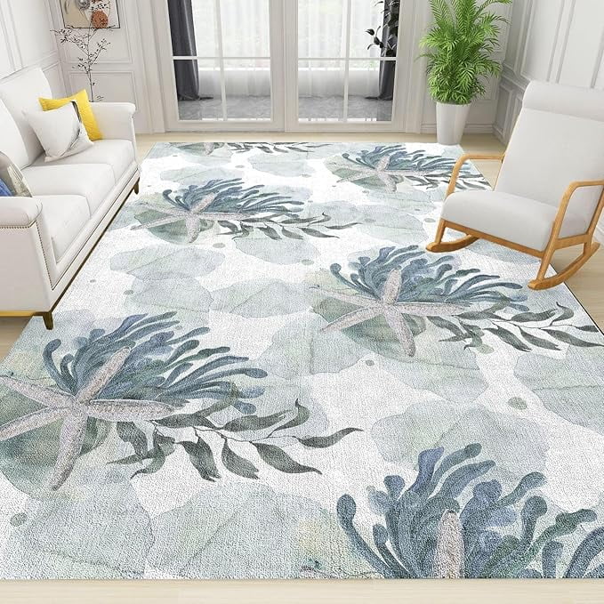 Nautical Coastal Beach Themed Area Rug, Starfish Seaweed Coral Pattern ...