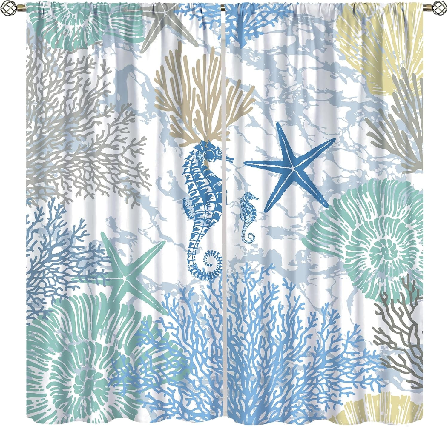 Nautical Coastal Bedroom Curtains,Nautical Beach Starfish Seashell Blue ...