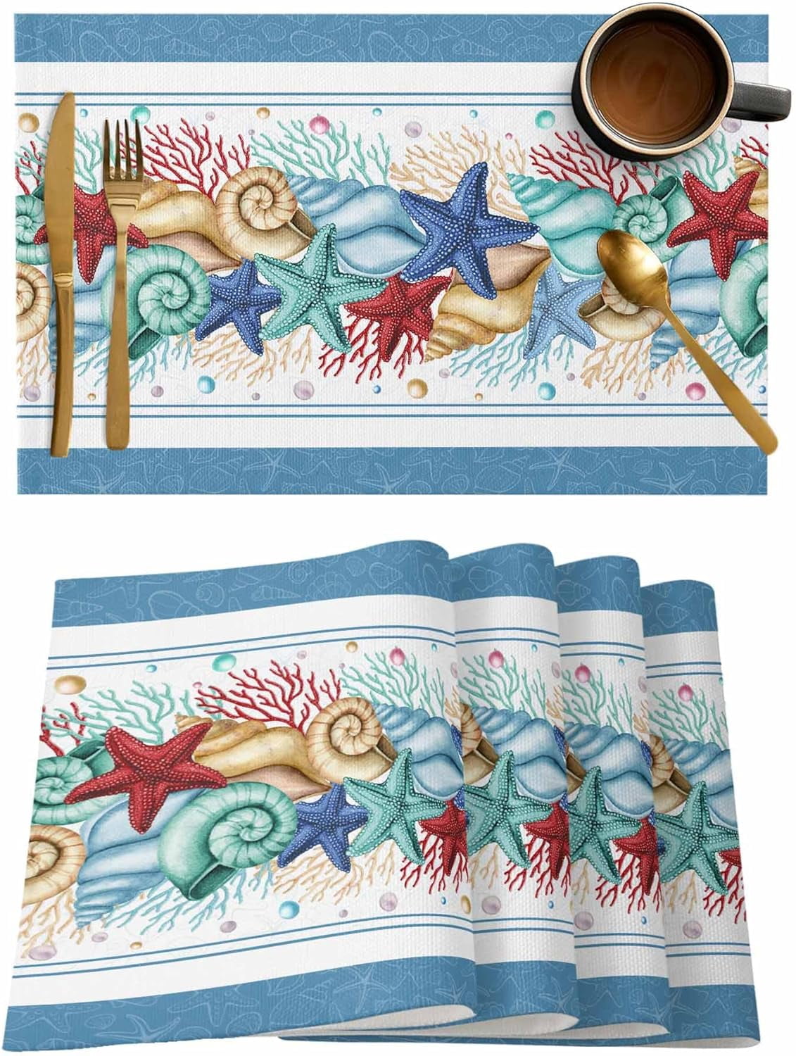 Nautical Coastal Blue Placemats Set of 6 Washable Table Mats for ...