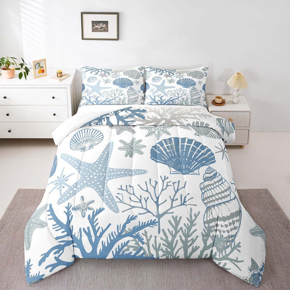Nautical Coastal Comforter Set Blue Ocean Beach Queen Bedding Comforter ...