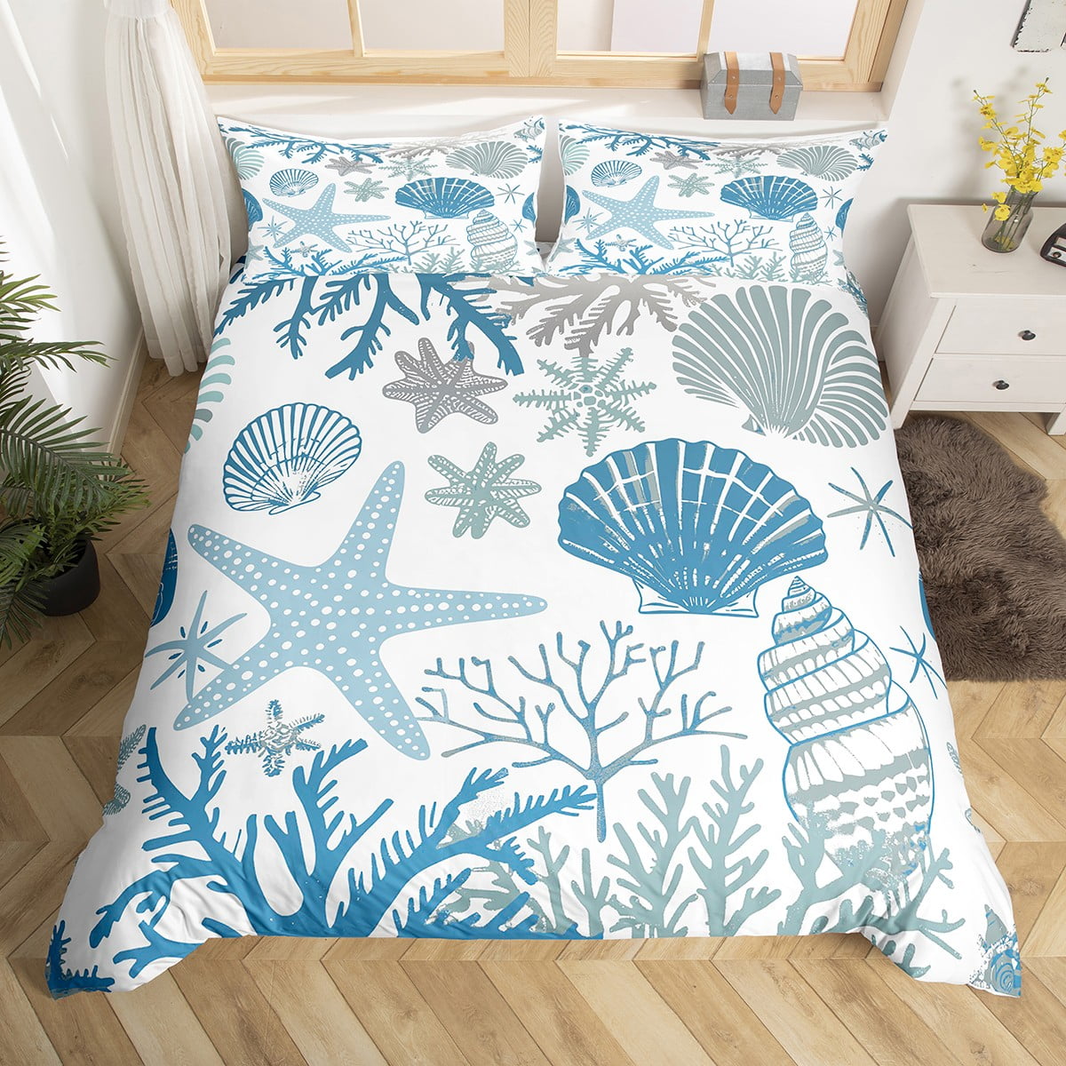 Nautical Coastal Duvet Cover Set Blue Ocean Beach Bedding Sets,Seashell ...