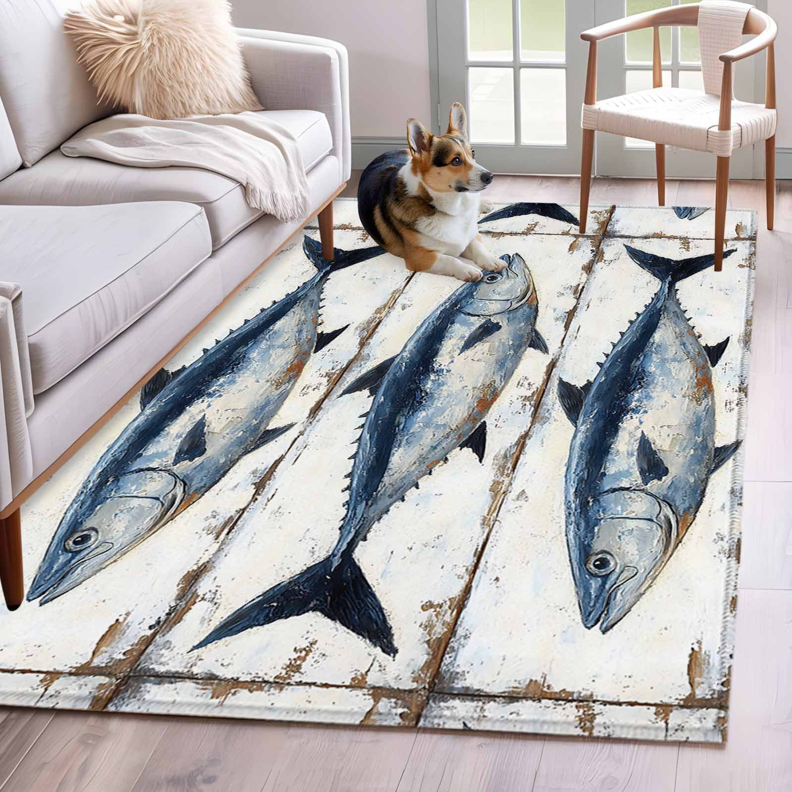 Nautical Coastal Fish Area Rug 3x5 Washable Rug Non Slip Oil Painting ...