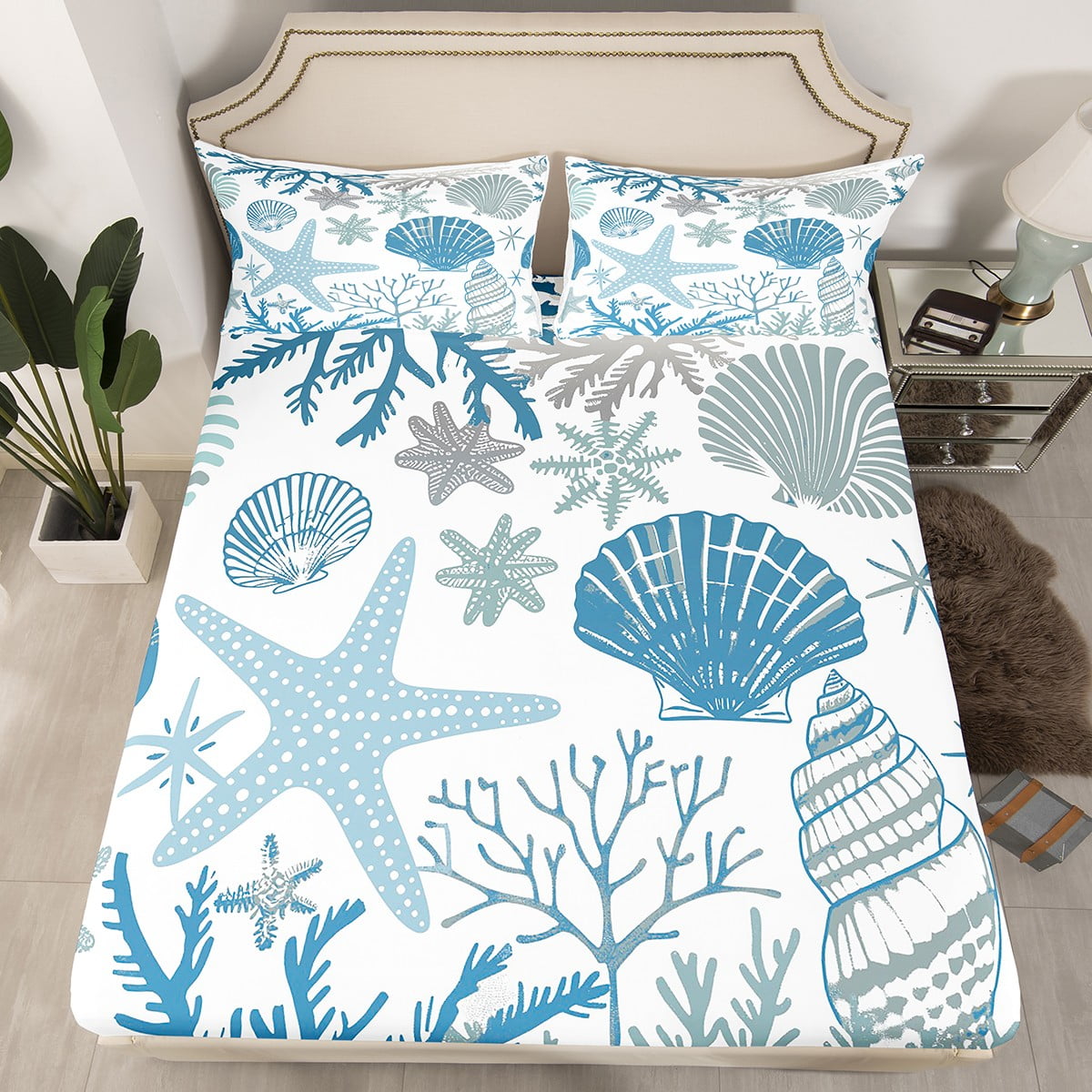 Nautical Coastal Fitted Sheet Blue Ocean Beach Queen Bed Sheets for ...