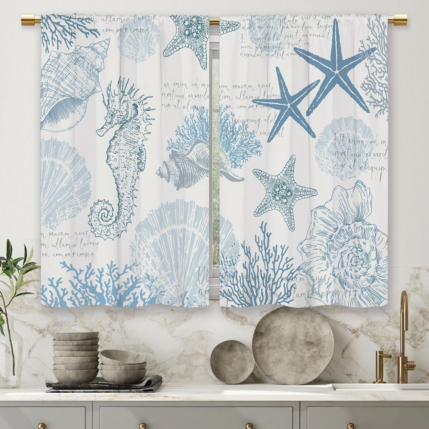 Nautical Coastal Kitchen Curtains Coral Blue Starfish Seashell Small ...