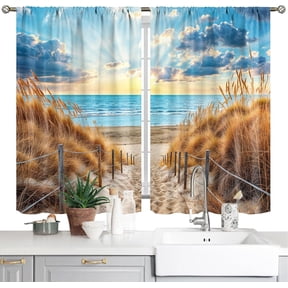 Nautical Cafe Curtains in Coastal Blue and Sea Shell Designs