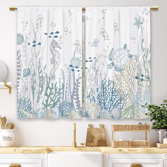 Nautical Cafe Curtains in Coastal Blue and Sea Shell Designs