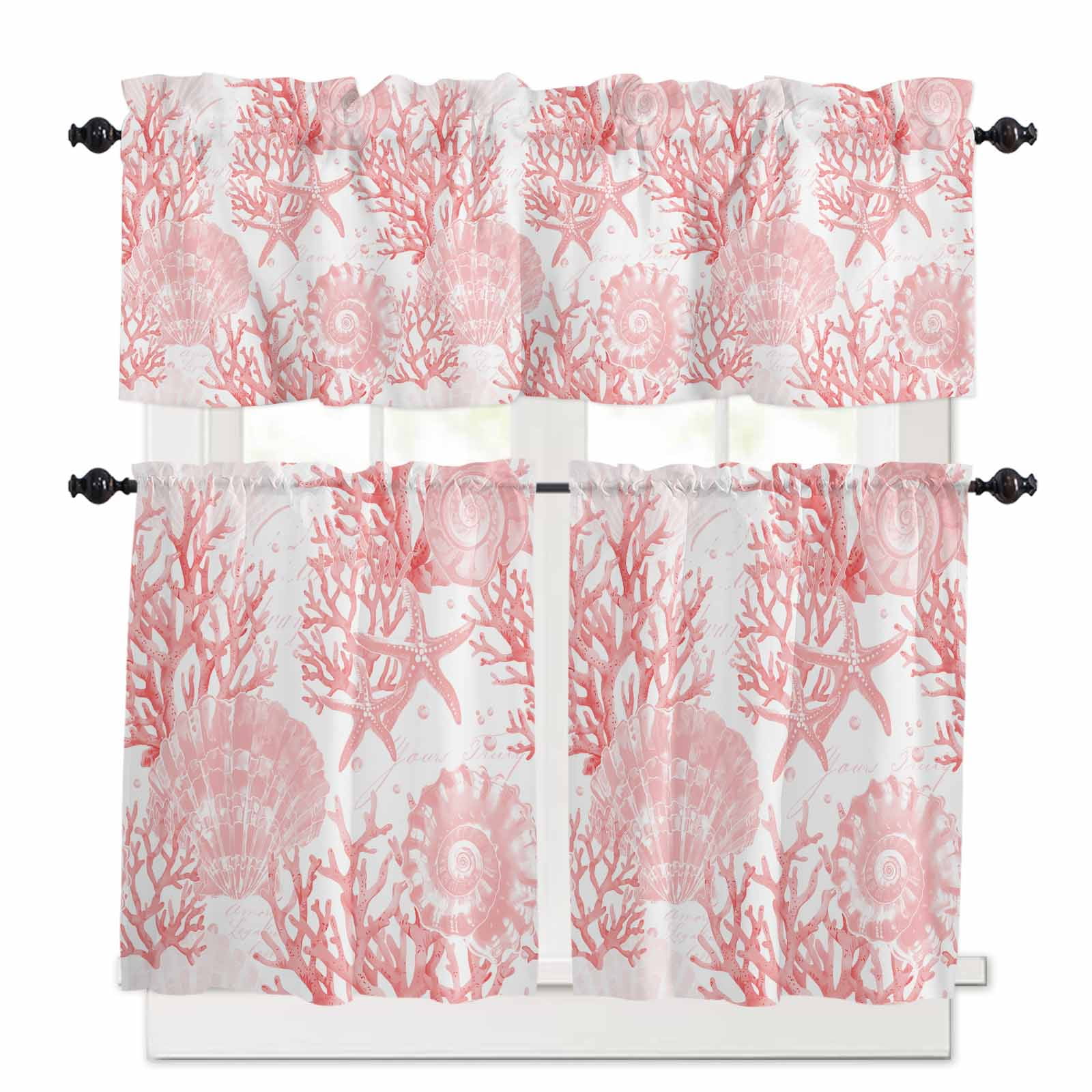 Nautical Coastal Kitchen Curtains Valance and Tier Set Beach Ocean Pink ...