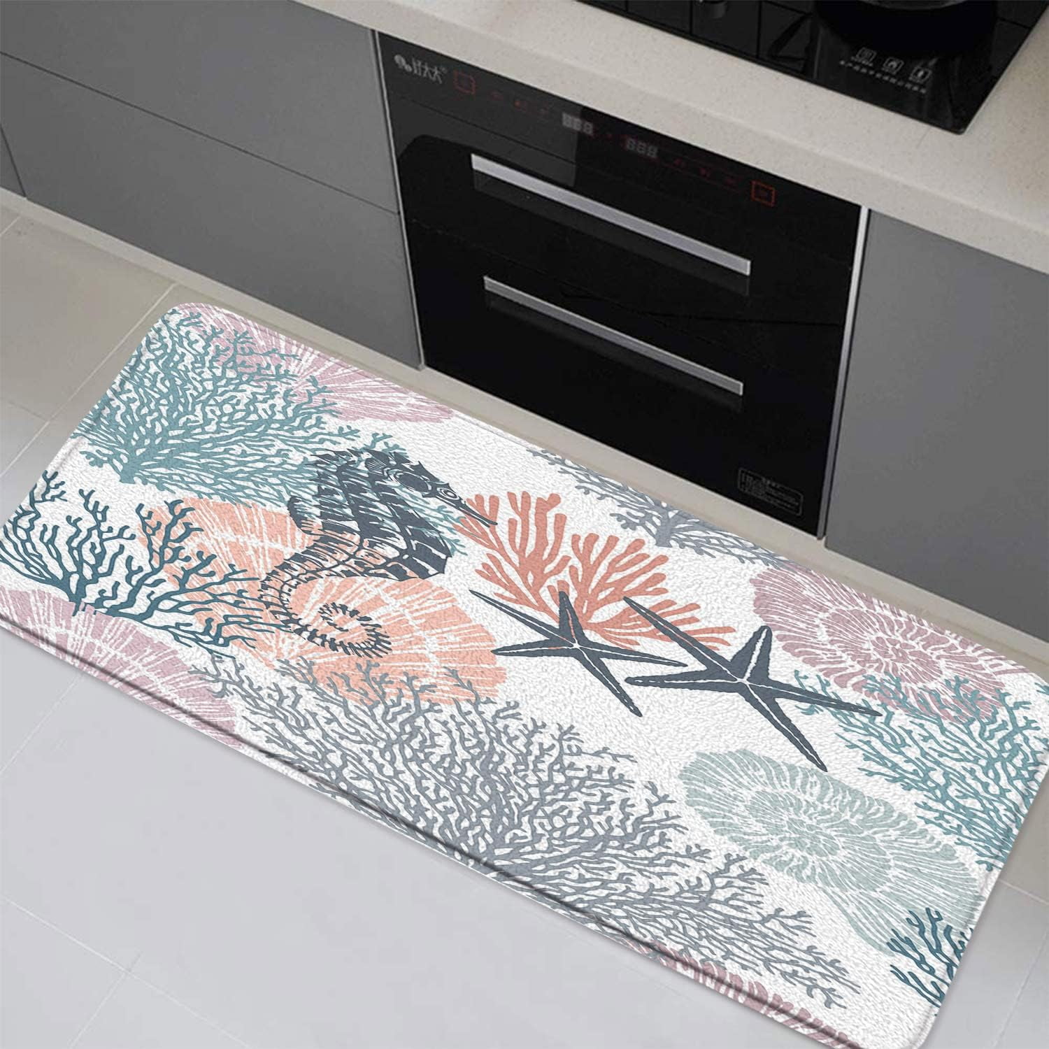 Nautical Coastal Kitchen Mat Seahorse Coral Seashell Starfish Ocean ...
