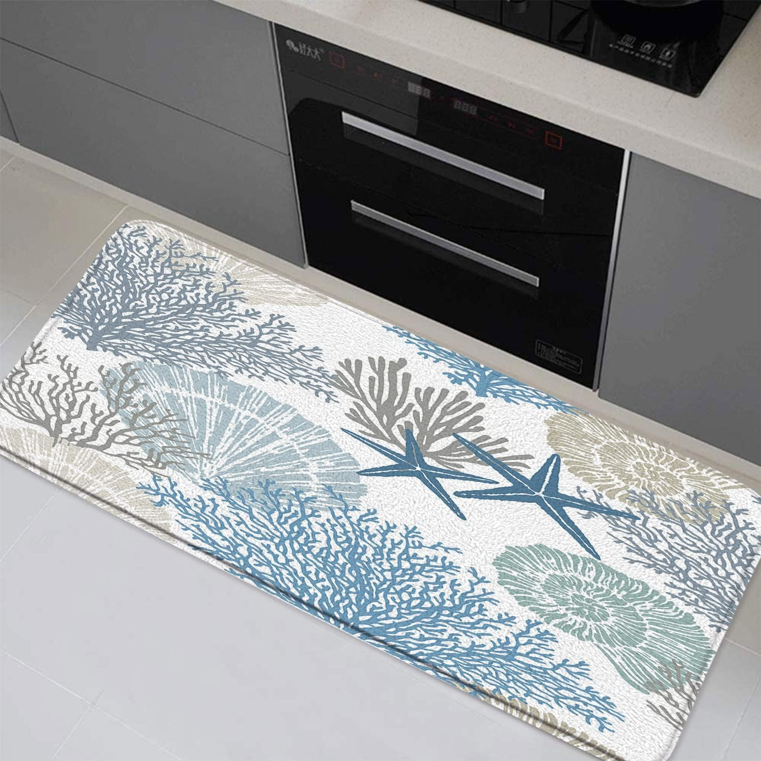 Nautical Coastal Kitchen Mat Starfish Seashell Coral Beach Ocean Themed ...