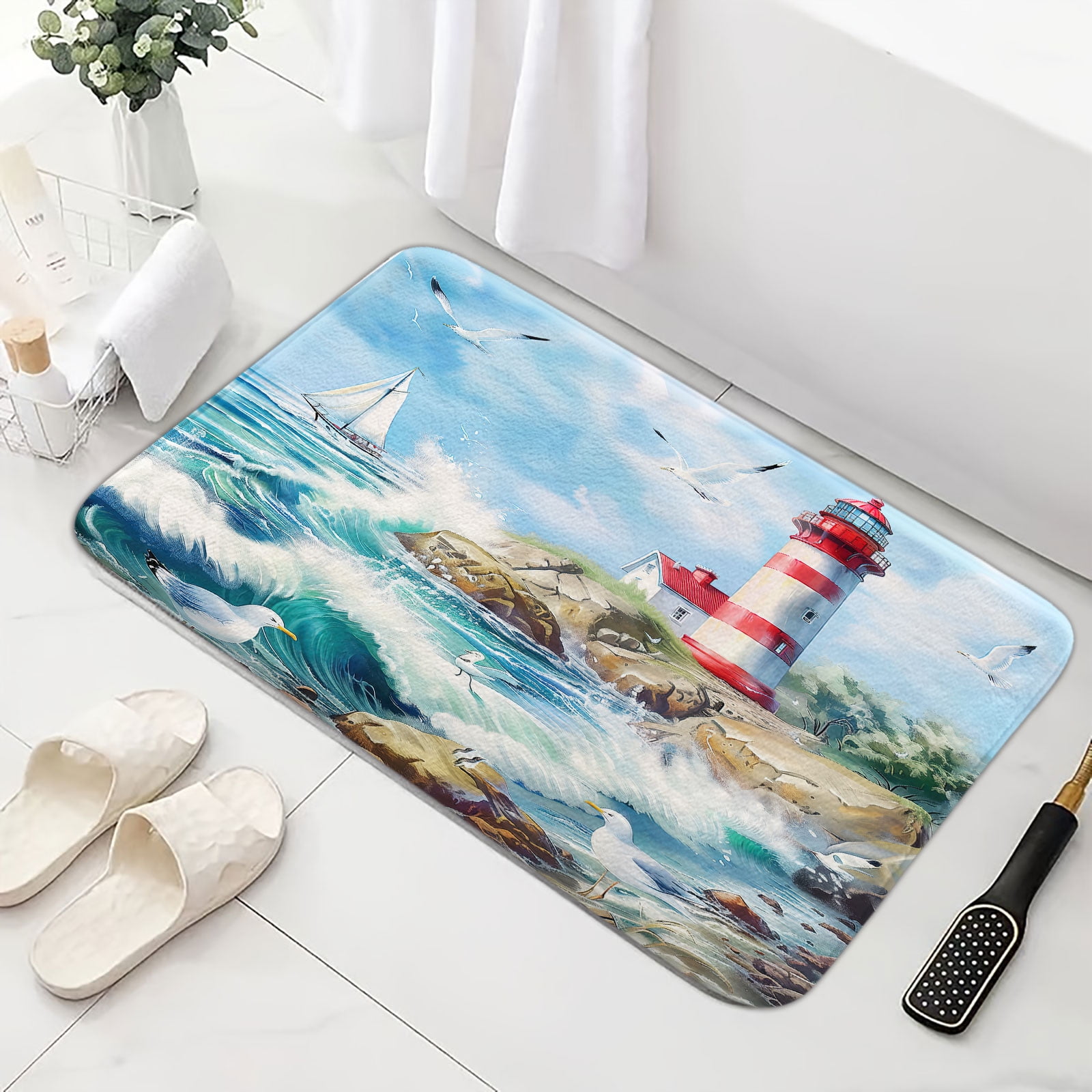 Nautical Coastal Lighthouse Bathroom Rugs, Blue Ocean Theme Bath Mat ...